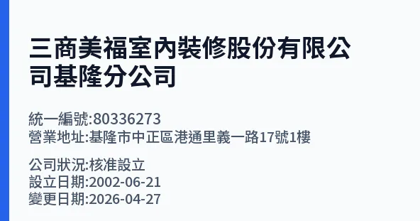 三商美福室內裝修股份有限公司基隆分公司的照片-統編 80336273(基隆市) 公司登記資料與營業項目詳細圖表