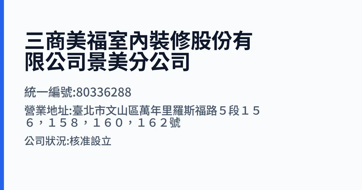 三商美福室內裝修股份有限公司景美分公司 - 統編 80336288(臺北市) 公司登記資料與營業項目詳細圖表