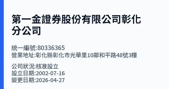 第一金證券股份有限公司彰化分公司的照片-統編 80336365(彰化縣) 公司登記資料與營業項目詳細圖表