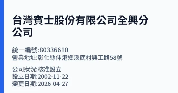 台灣賓士股份有限公司全興分公司的照片-統編 80336610(彰化縣) 公司登記資料與營業項目詳細圖表