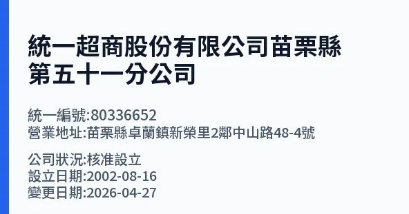 統一超商股份有限公司苗栗縣第五十一分公司的照片-統編 80336652(苗栗縣) 公司登記資料與營業項目詳細圖表