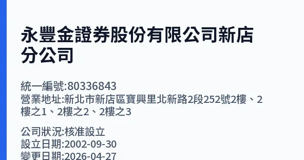 永豐金證券股份有限公司新店分公司的照片-統編 80336843(新北市) 公司登記資料與營業項目詳細圖表