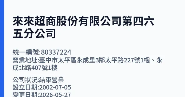 來來超商股份有限公司第四六五分公司的照片-統編 80337224(臺中市) 公司登記資料與營業項目詳細圖表