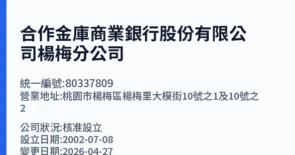 合作金庫商業銀行股份有限公司楊梅分公司的照片-統編 80337809(桃園市) 公司登記資料與營業項目詳細圖表