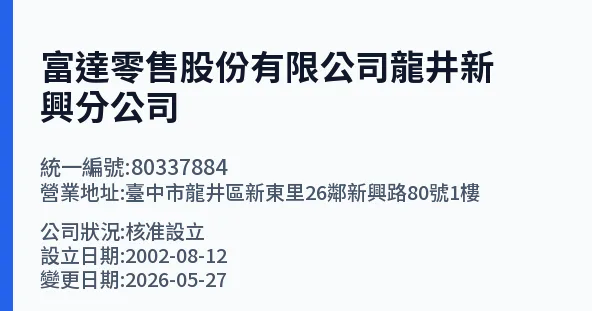 富達零售股份有限公司龍井新興分公司的照片-統編 80337884(臺中市) 公司登記資料與營業項目詳細圖表