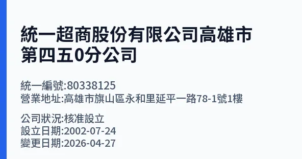 統一超商股份有限公司高雄市第四五0分公司的照片-統編 80338125(高雄市) 公司登記資料與營業項目詳細圖表