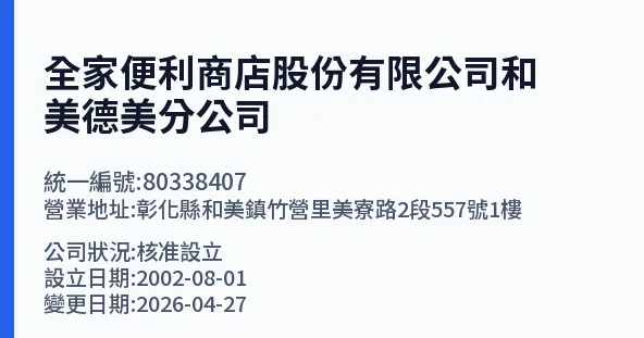 全家便利商店股份有限公司和美德美分公司的照片-統編 80338407(彰化縣) 公司登記資料與營業項目詳細圖表