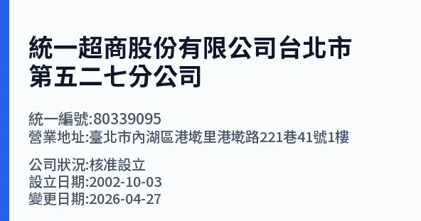 統一超商股份有限公司台北市第五二七分公司的照片-統編 80339095(臺北市) 公司登記資料與營業項目詳細圖表