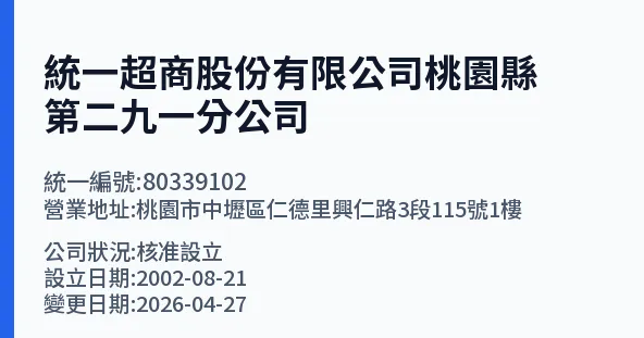 統一超商股份有限公司桃園縣第二九一分公司的照片-統編 80339102(桃園市) 公司登記資料與營業項目詳細圖表