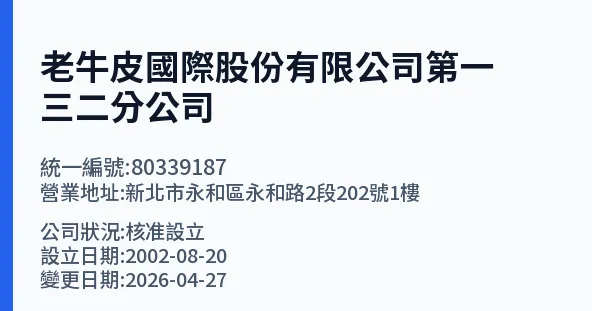 老牛皮國際股份有限公司第一三二分公司的照片-統編 80339187(新北市) 公司登記資料與營業項目詳細圖表