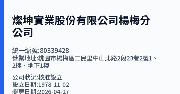 燦坤實業股份有限公司楊梅分公司的照片-統編 80339428(桃園市) 公司登記資料與營業項目詳細圖表