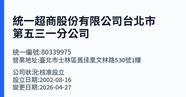 統一超商股份有限公司台北市第五三一分公司的照片-統編 80339975(臺北市) 公司登記資料與營業項目詳細圖表