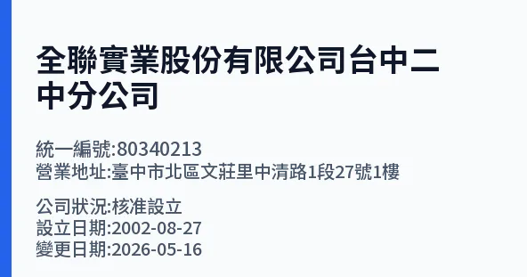 全聯實業股份有限公司台中二中分公司的照片-統編 80340213(臺中市) 公司登記資料與營業項目詳細圖表