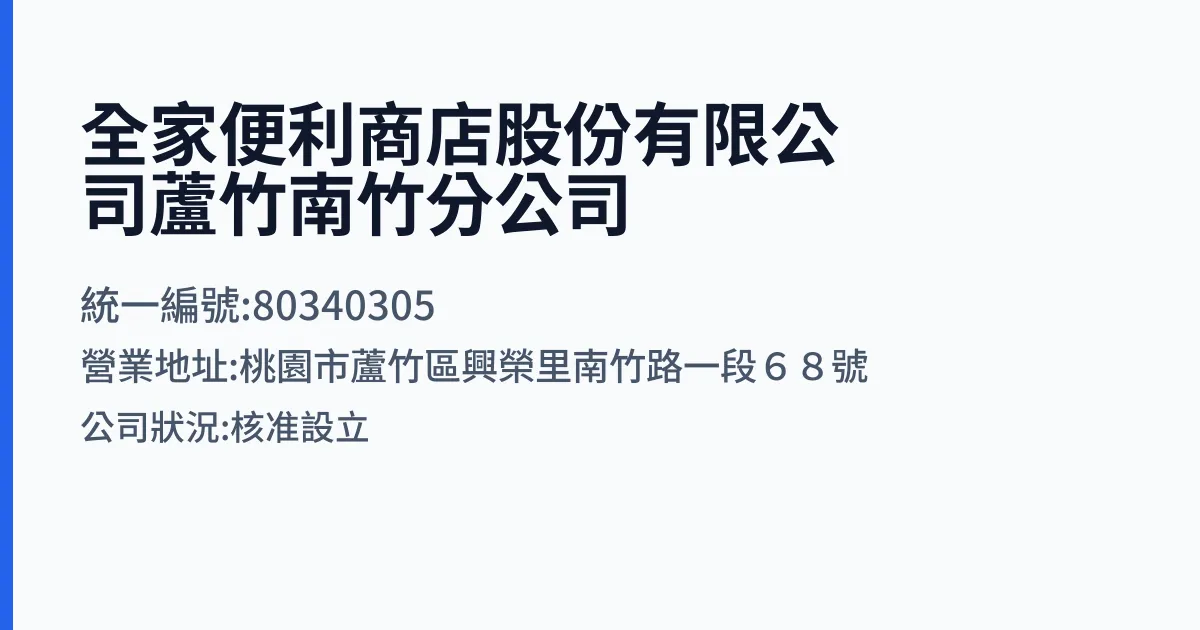 全家便利商店股份有限公司蘆竹南竹分公司 - 統編 80340305(桃園市) 公司登記資料與營業項目詳細圖表