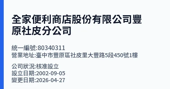 全家便利商店股份有限公司豐原社皮分公司的照片-統編 80340311(臺中市) 公司登記資料與營業項目詳細圖表