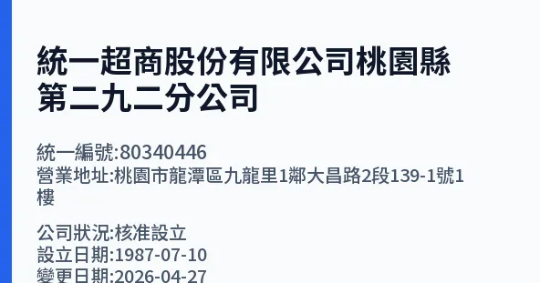 統一超商股份有限公司桃園縣第二九二分公司的照片-統編 80340446(桃園市) 公司登記資料與營業項目詳細圖表