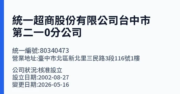 統一超商股份有限公司台中市第二一0分公司的照片-統編 80340473(臺中市) 公司登記資料與營業項目詳細圖表
