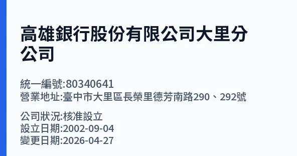 高雄銀行股份有限公司大里分公司的照片-統編 80340641(臺中市) 公司登記資料與營業項目詳細圖表