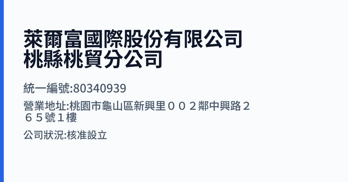 萊爾富國際股份有限公司桃縣桃貿分公司 - 統編 80340939(桃園市) 公司登記資料與營業項目詳細圖表