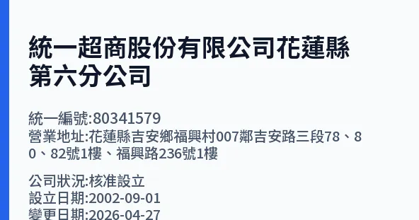 統一超商股份有限公司花蓮縣第六分公司的照片-統編 80341579(花蓮縣) 公司登記資料與營業項目詳細圖表