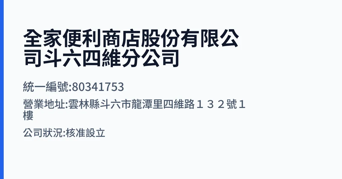 全家便利商店股份有限公司斗六四維分公司 - 統編 80341753(雲林縣) 公司登記資料與營業項目詳細圖表