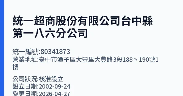 統一超商股份有限公司台中縣第一八六分公司的照片-統編 80341873(臺中市) 公司登記資料與營業項目詳細圖表