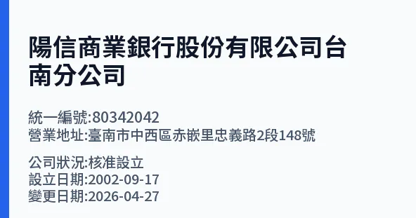 陽信商業銀行股份有限公司台南分公司的照片-統編 80342042(臺南市) 公司登記資料與營業項目詳細圖表