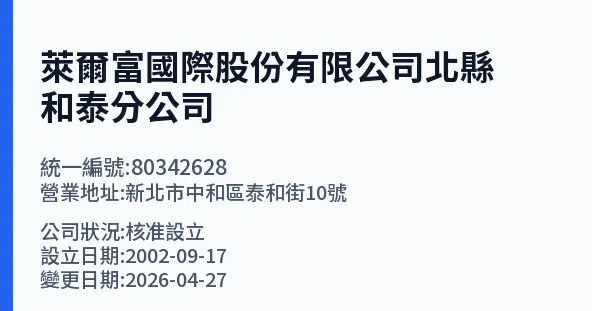 萊爾富國際股份有限公司北縣和泰分公司的照片-統編 80342628(新北市) 公司登記資料與營業項目詳細圖表