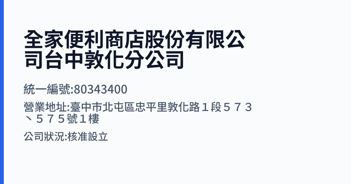 全家便利商店股份有限公司台中敦化分公司 - 統編 80343400(臺中市) 公司登記資料與營業項目詳細圖表