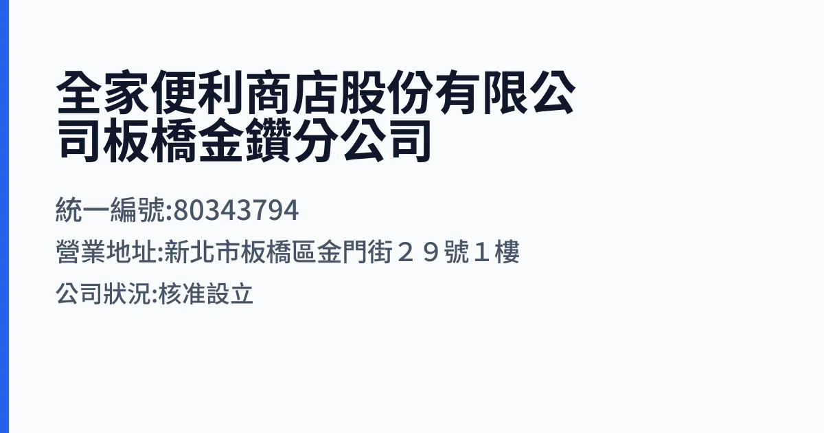 全家便利商店股份有限公司板橋金鑽分公司 - 統編 80343794(新北市) 公司登記資料與營業項目詳細圖表