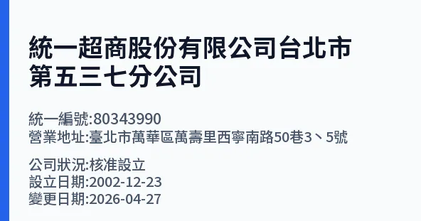 統一超商股份有限公司台北市第五三七分公司的照片-統編 80343990(臺北市) 公司登記資料與營業項目詳細圖表