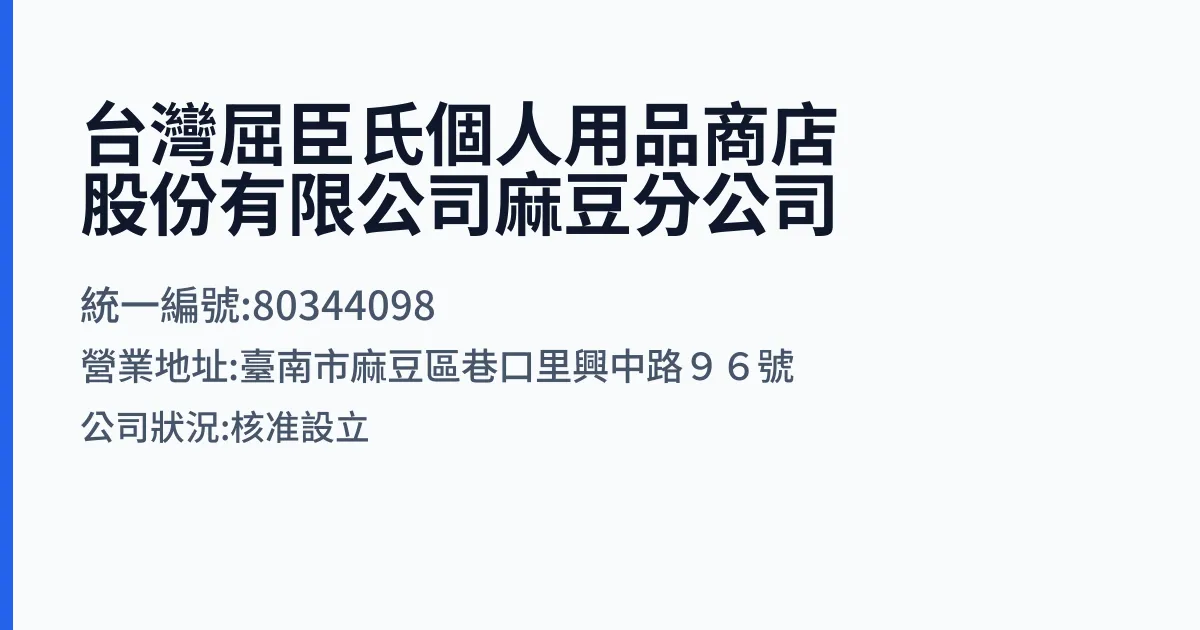 台灣屈臣氏個人用品商店股份有限公司麻豆分公司 - 統編 80344098(臺南市) 公司登記資料與營業項目詳細圖表
