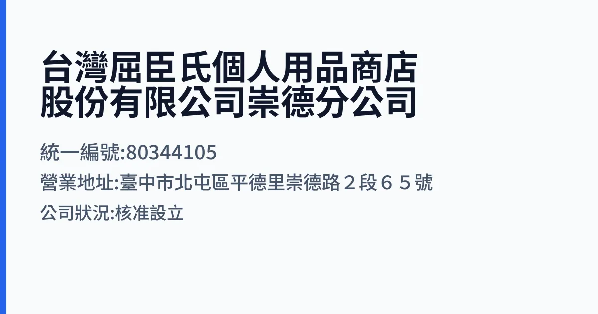台灣屈臣氏個人用品商店股份有限公司崇德分公司 - 統編 80344105(臺中市) 公司登記資料與營業項目詳細圖表