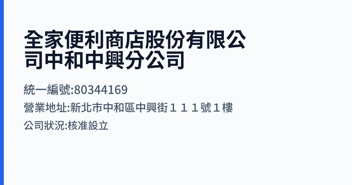 全家便利商店股份有限公司中和中興分公司 - 統編 80344169(新北市) 公司登記資料與營業項目詳細圖表