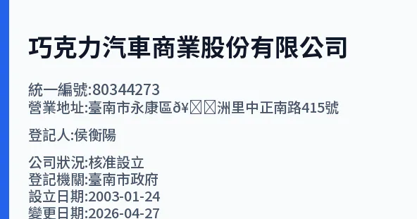 巧克力汽車商業股份有限公司的照片-統編 80344273(臺南市) 公司登記資料與營業項目詳細圖表