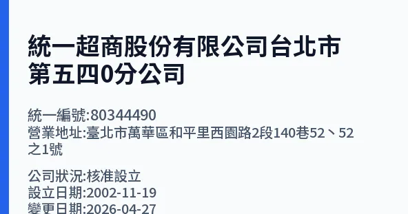 統一超商股份有限公司台北市第五四0分公司的照片-統編 80344490(臺北市) 公司登記資料與營業項目詳細圖表