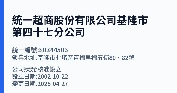 統一超商股份有限公司基隆市第四十七分公司的照片-統編 80344506(基隆市) 公司登記資料與營業項目詳細圖表