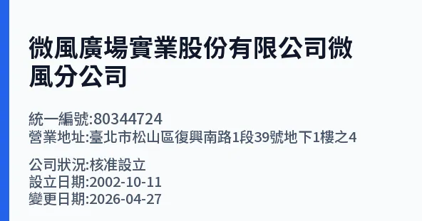 微風廣場實業股份有限公司微風分公司的照片-統編 80344724(臺北市) 公司登記資料與營業項目詳細圖表