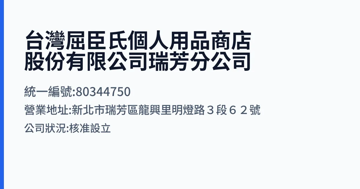 台灣屈臣氏個人用品商店股份有限公司瑞芳分公司 - 統編 80344750(新北市) 公司登記資料與營業項目詳細圖表