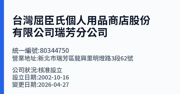 台灣屈臣氏個人用品商店股份有限公司瑞芳分公司的照片-統編 80344750(新北市) 公司登記資料與營業項目詳細圖表