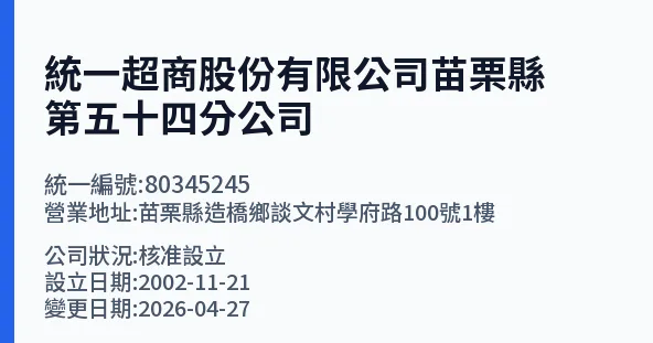 統一超商股份有限公司苗栗縣第五十四分公司的照片-統編 80345245(苗栗縣) 公司登記資料與營業項目詳細圖表