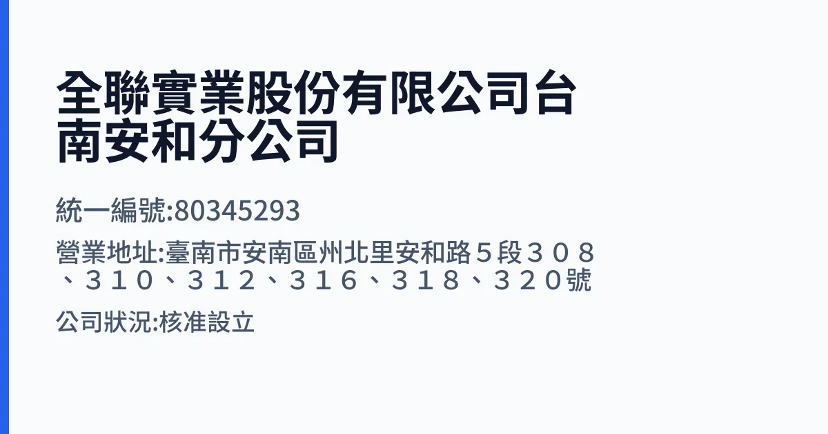 全聯實業股份有限公司台南安和分公司 - 統編 80345293(臺南市) 公司登記資料與營業項目詳細圖表