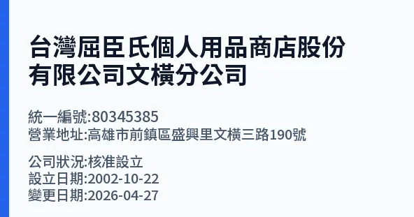 台灣屈臣氏個人用品商店股份有限公司文橫分公司的照片-統編 80345385(高雄市) 公司登記資料與營業項目詳細圖表