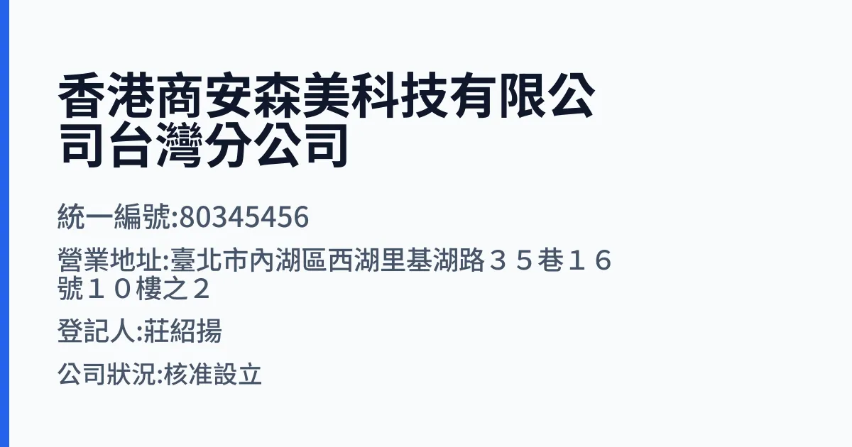 香港商安森美科技有限公司台灣分公司 - 統編 80345456(臺北市) 公司登記資料與營業項目詳細圖表