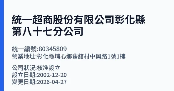 統一超商股份有限公司彰化縣第八十七分公司的照片-統編 80345809(彰化縣) 公司登記資料與營業項目詳細圖表