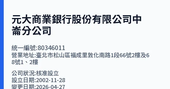 元大商業銀行股份有限公司中崙分公司的照片-統編 80346011(臺北市) 公司登記資料與營業項目詳細圖表