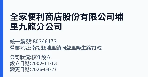 全家便利商店股份有限公司埔里九龍分公司的照片-統編 80346173(南投縣) 公司登記資料與營業項目詳細圖表