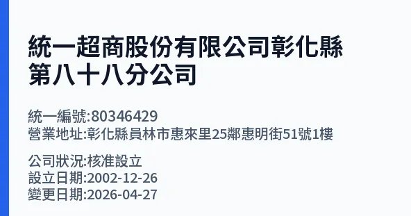 統一超商股份有限公司彰化縣第八十八分公司的照片-統編 80346429(彰化縣) 公司登記資料與營業項目詳細圖表