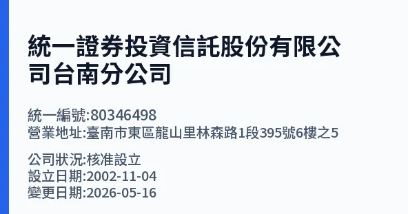 統一證券投資信託股份有限公司台南分公司的照片-統編 80346498(臺南市) 公司登記資料與營業項目詳細圖表