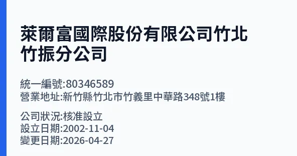 萊爾富國際股份有限公司竹北竹振分公司的照片-統編 80346589(新竹縣) 公司登記資料與營業項目詳細圖表